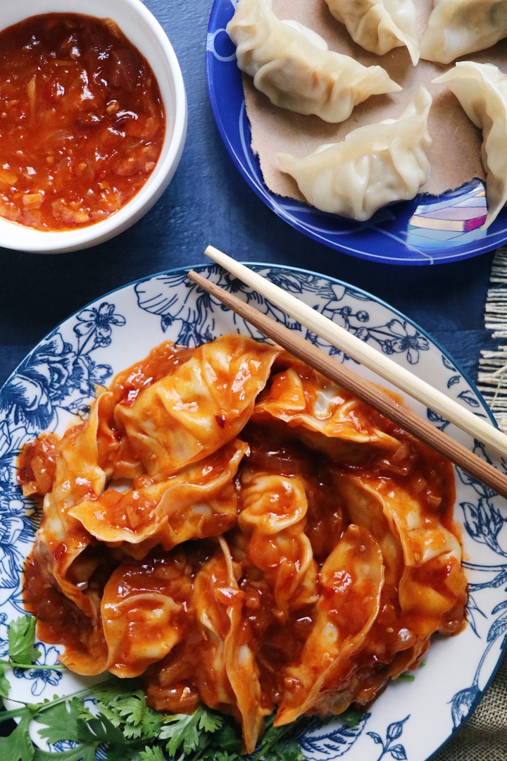 Spicy Schezwan Momos (Dumplings) - Strawberry in the Desert